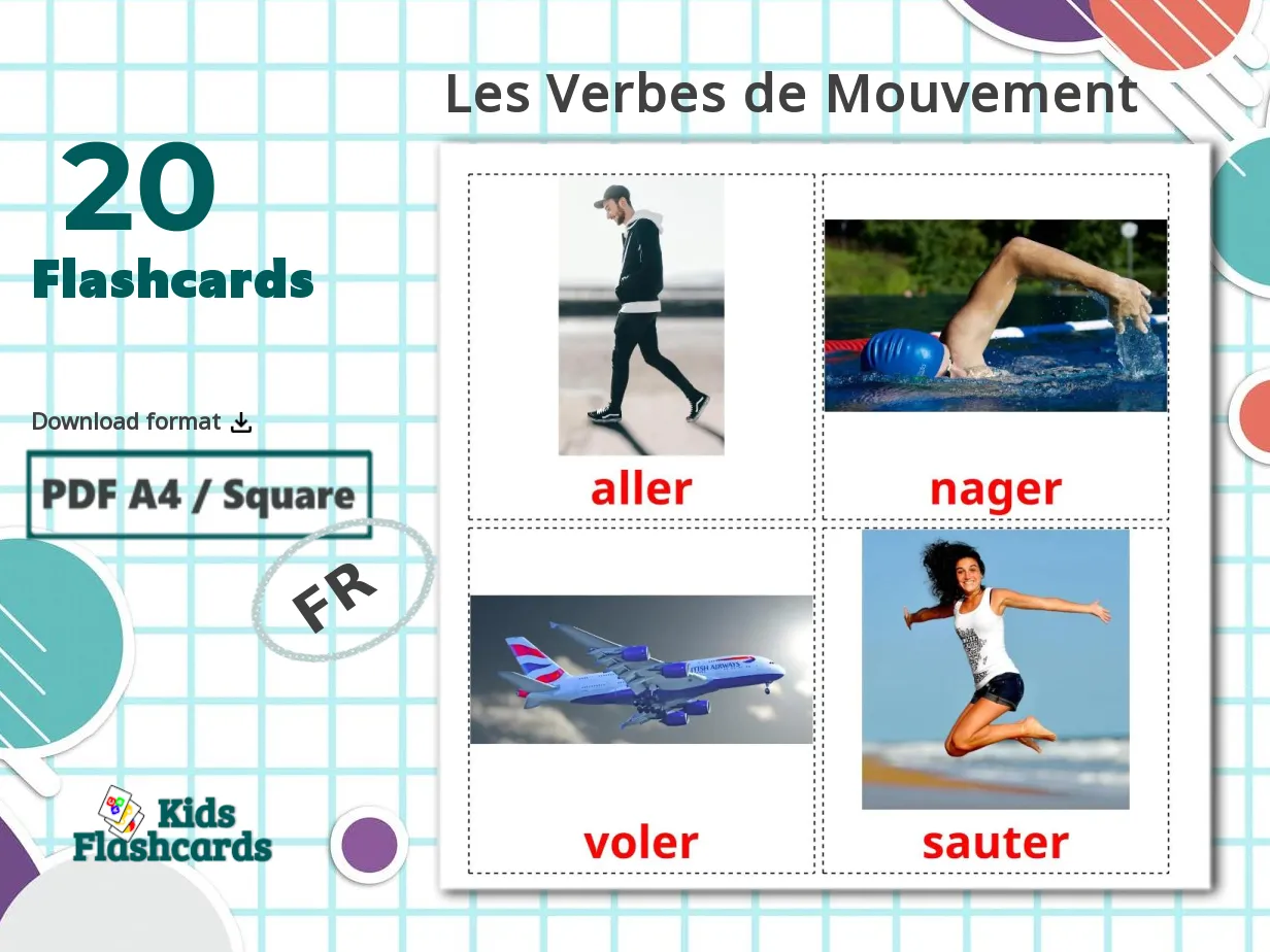 20 Printable Movement verbs Flashcards in French (Free PDF)
