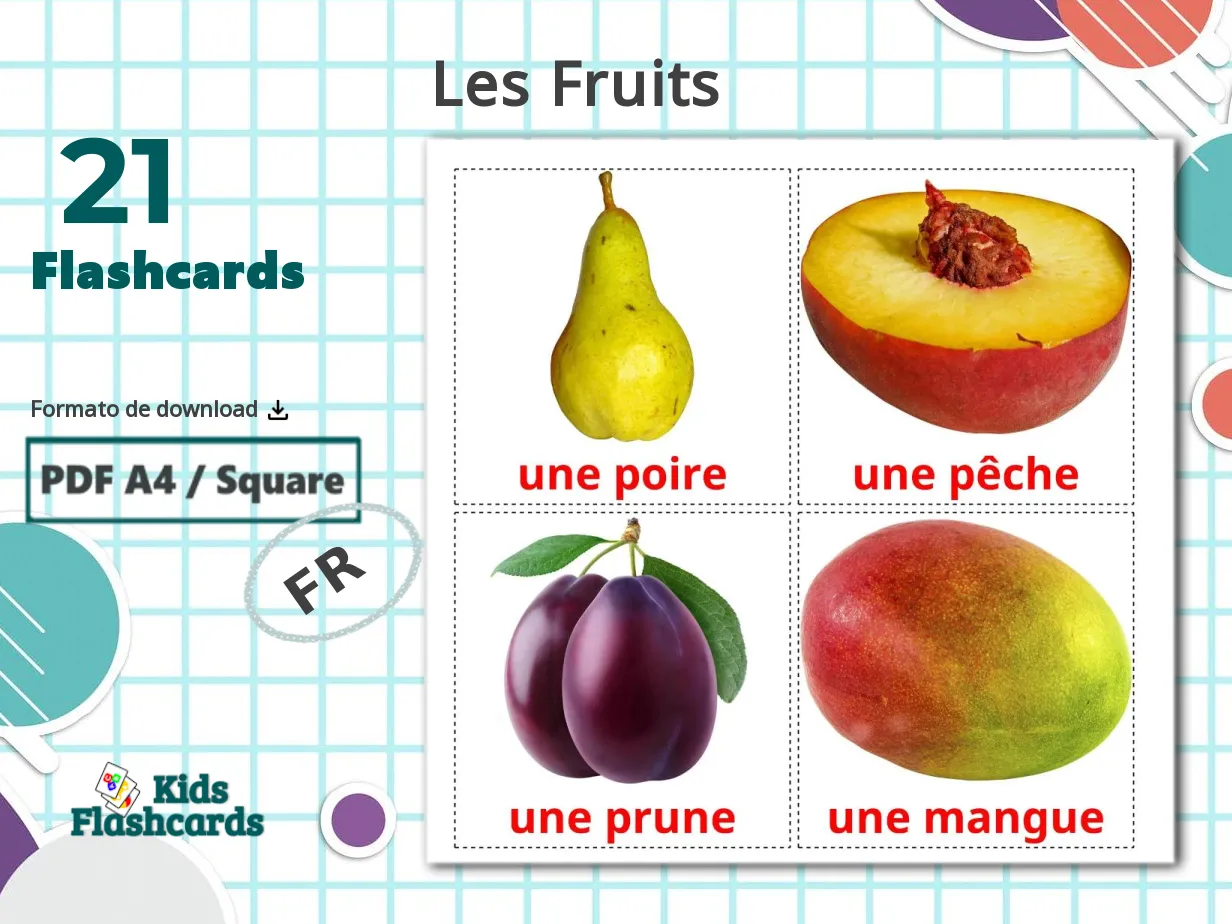 21 Cartões linguagem de Frutas GRÁTIS em 4 formatos PDF | Francês Pictures