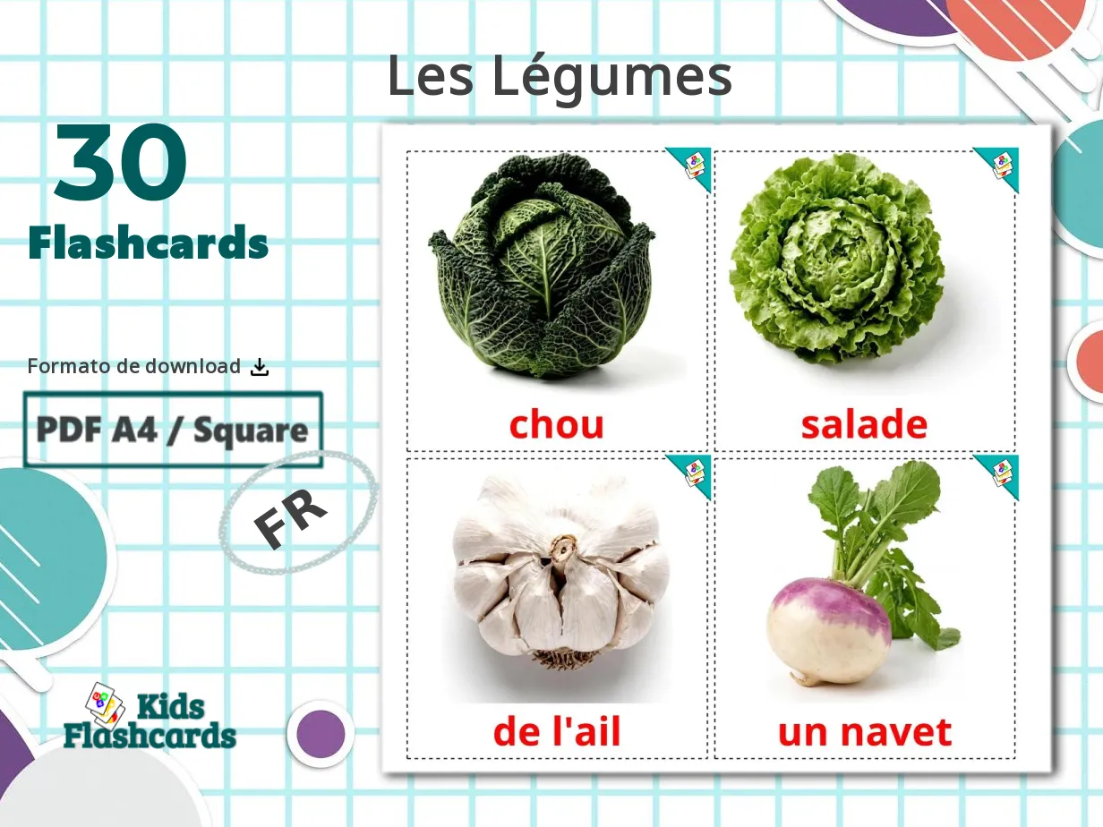 30 Cartões linguagem de Legumes GRÁTIS em 4 formatos PDF | Francês Pictures