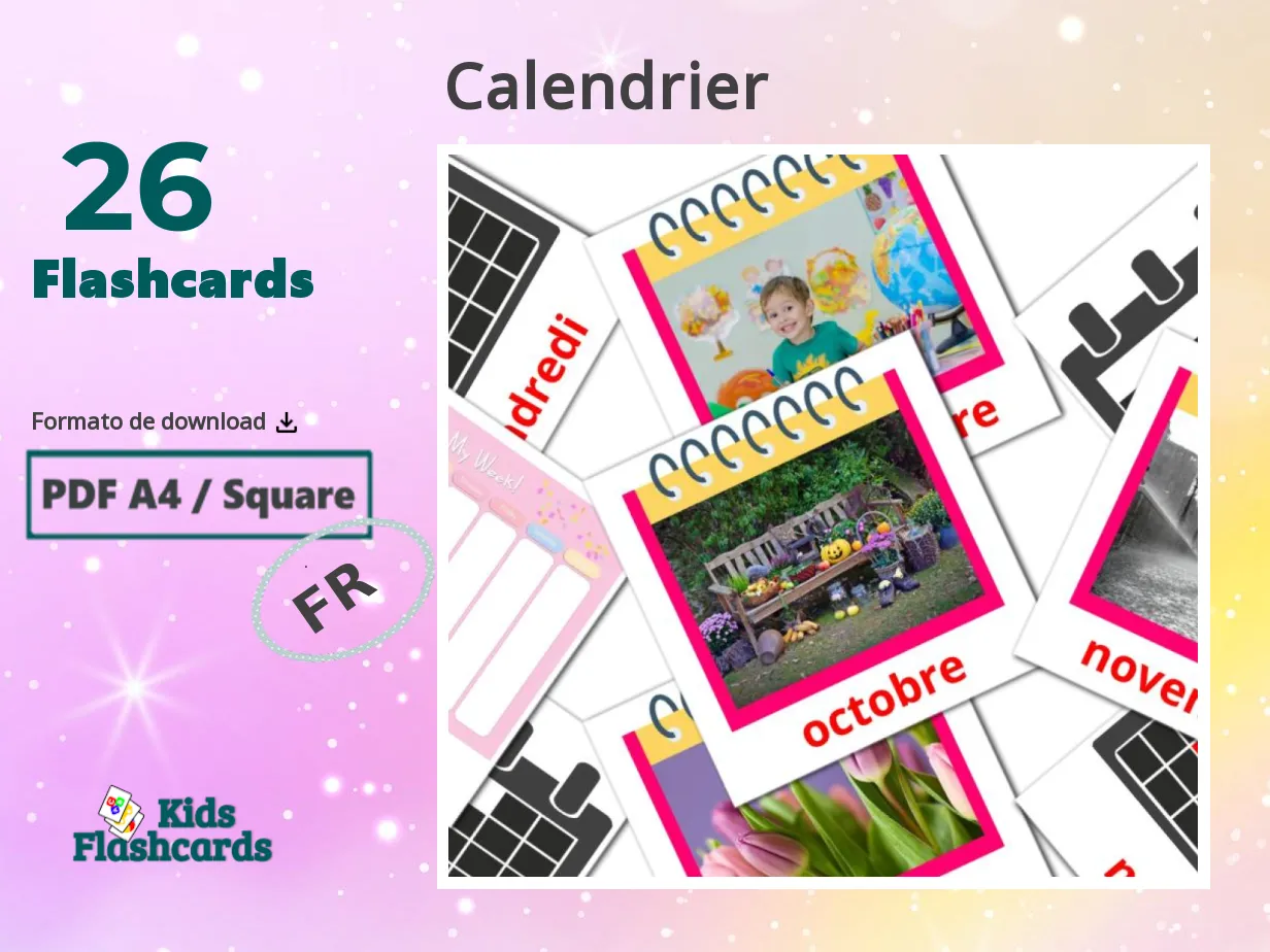 26 Flashcards de Calendário GRÁTIS em Francês | 4 PDFs imprimíveis