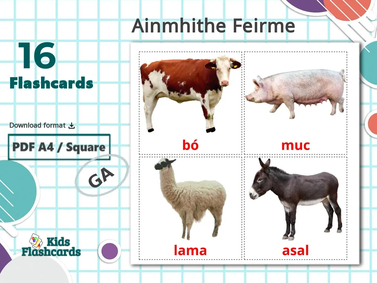 16 Printable Farm animals Flashcards in Irish (Free PDF)