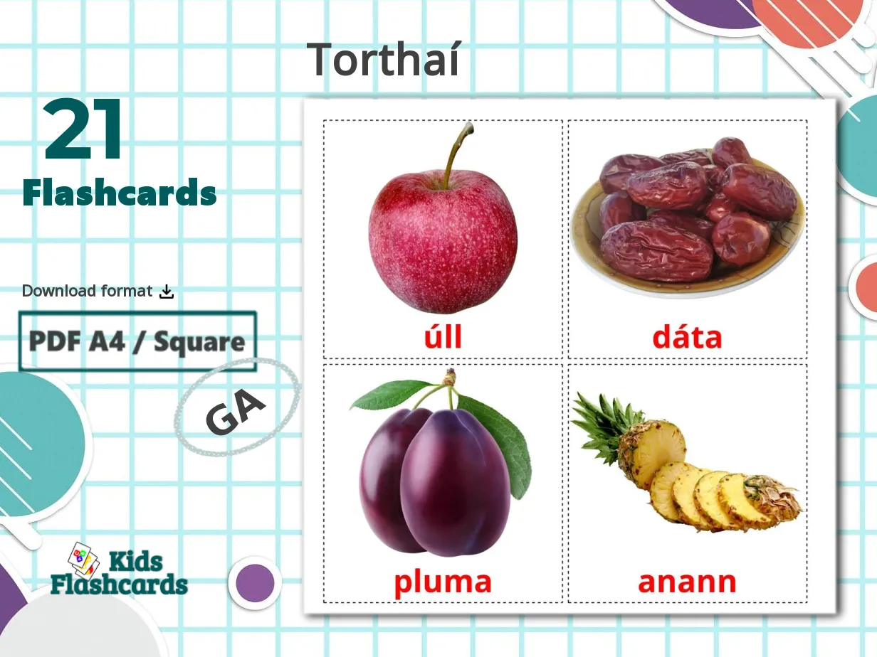 21 Printable Fruits Flashcards in Irish (Free PDF)