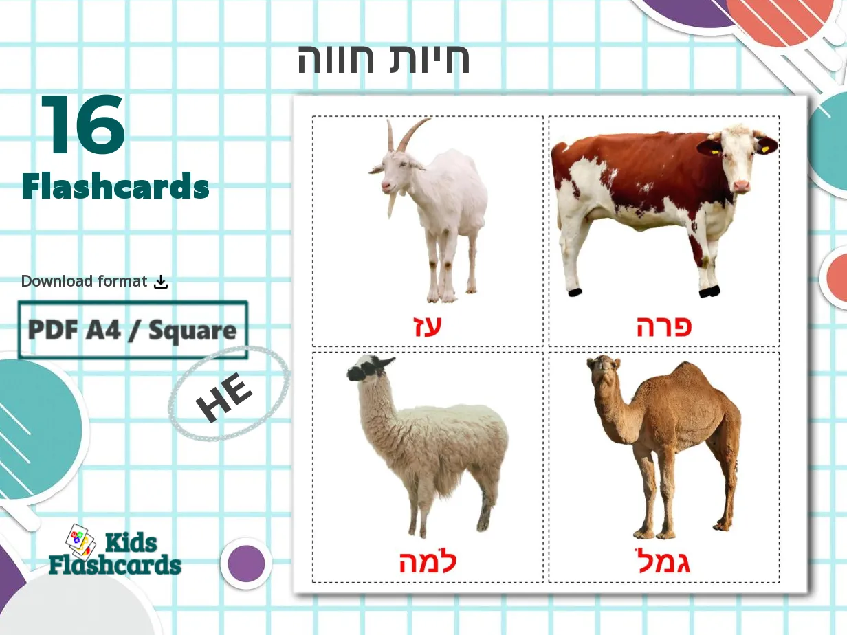 16 Printable Farm animals Flashcards in Hebrew (Free PDF)