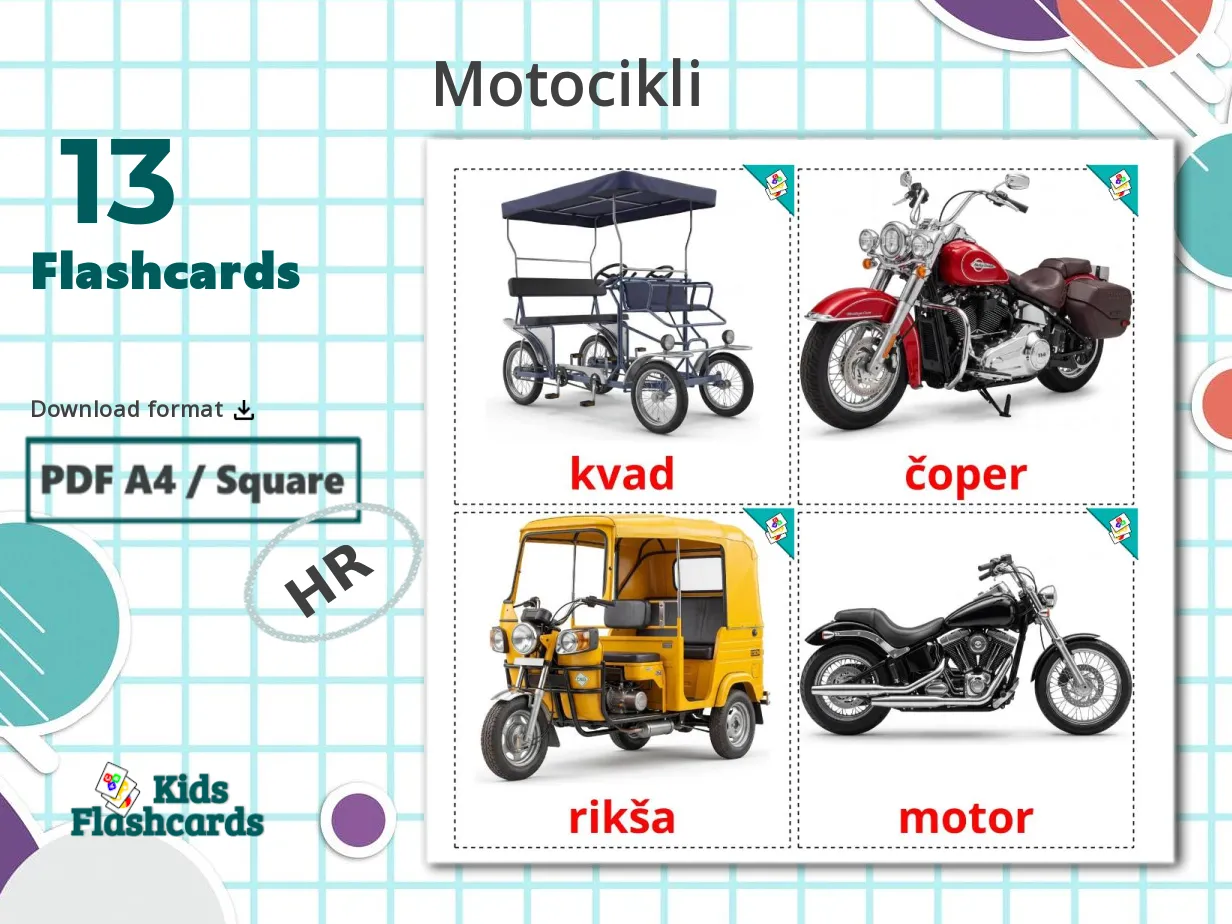 13 Printable Motorcycles Flashcards in Croatian (Free PDF)