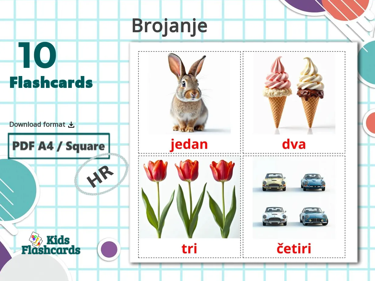 10 Printable Counting Flashcards in Croatian (Free PDF)