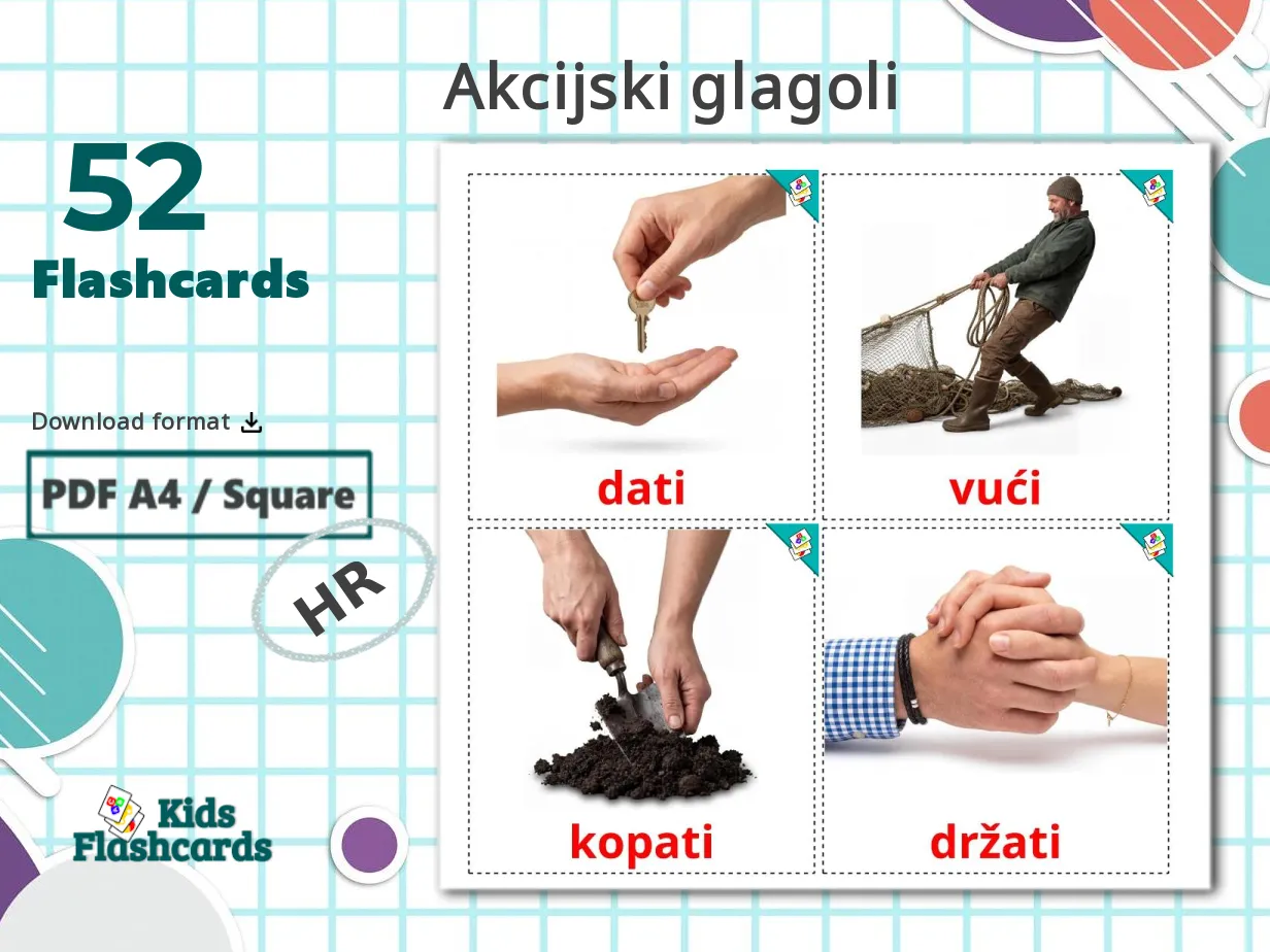 52 Printable Action verbs Flashcards in Croatian (Free PDF)