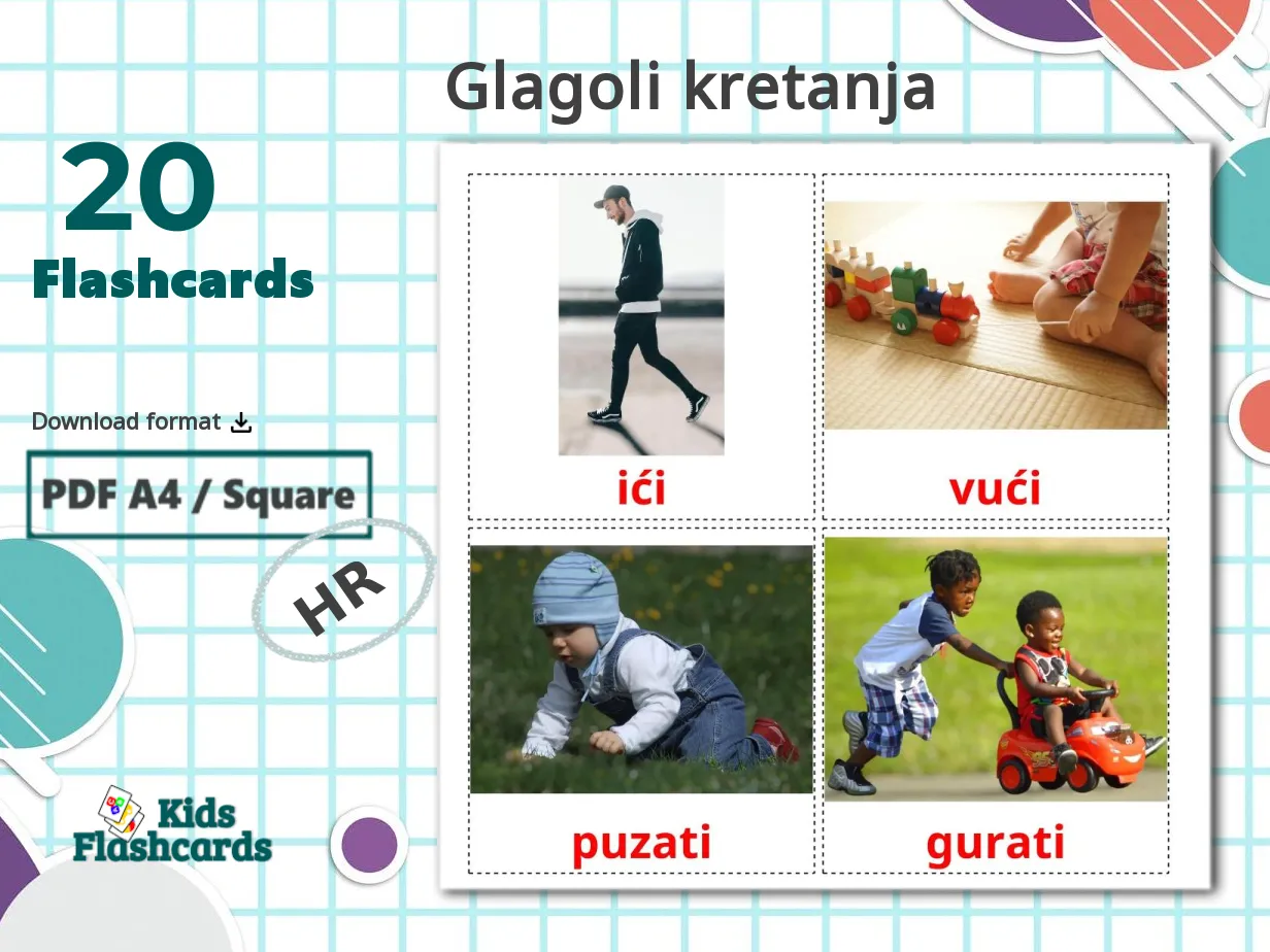 20 Printable Movement verbs Flashcards in Croatian (Free PDF)