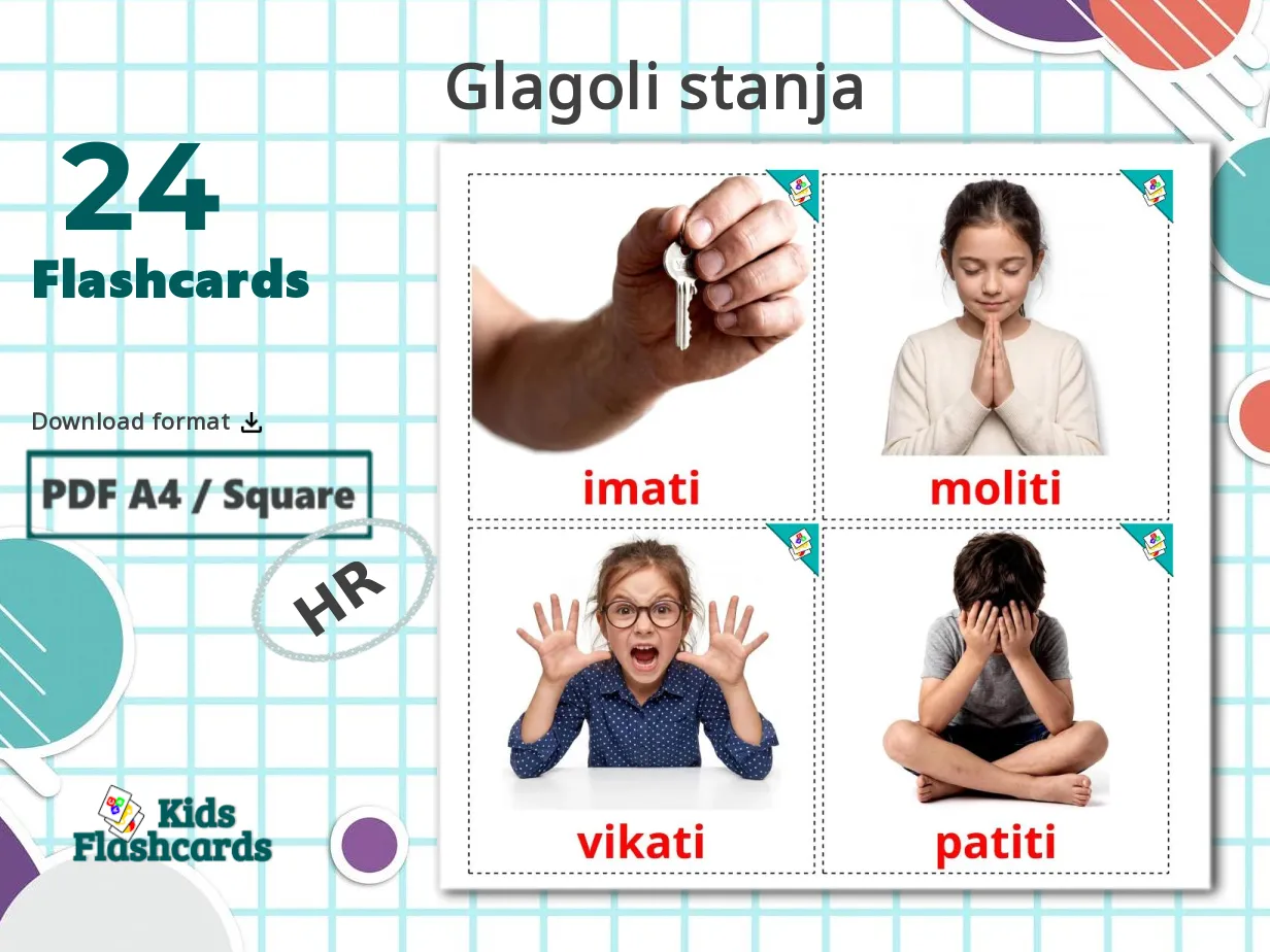 24 Printable State verbs Flashcards in Croatian (Free PDF)