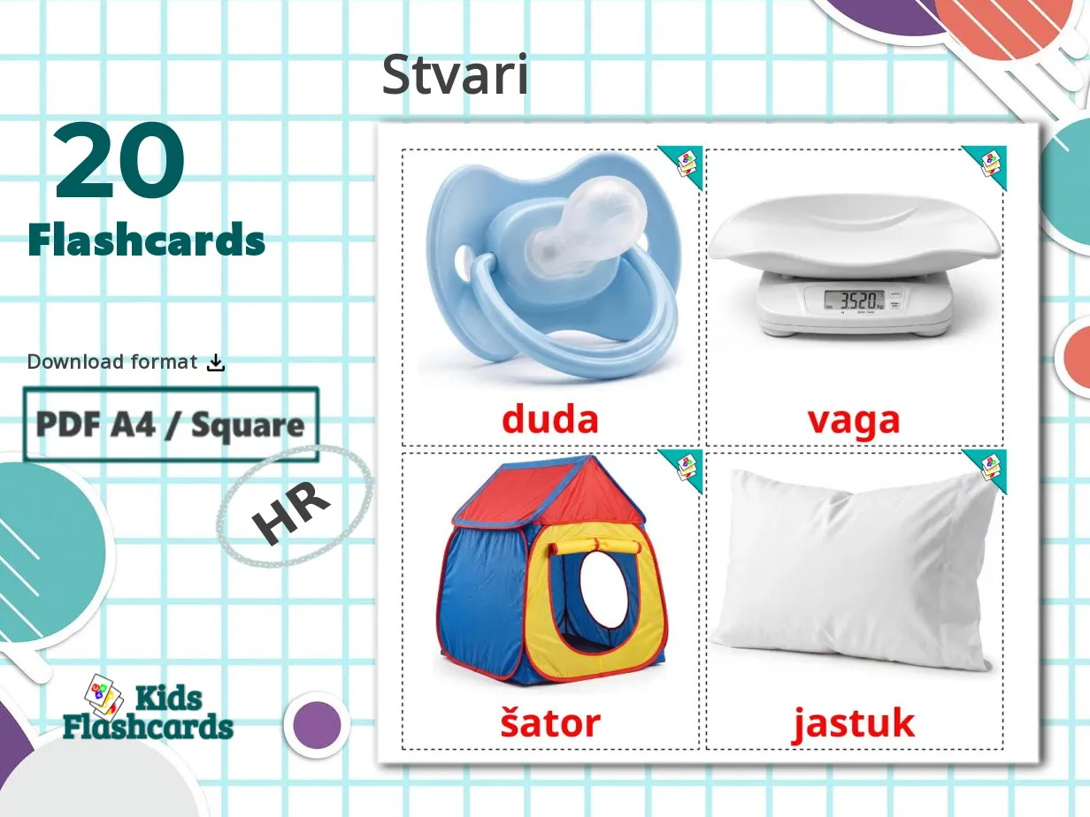 20 Printable Baby things Flashcards in Croatian (Free PDF)