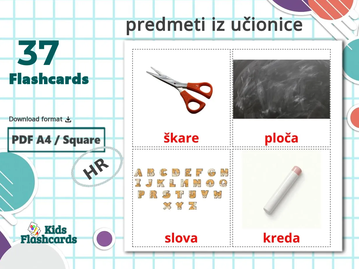 37 Printable Classroom objects Flashcards in Croatian (Free PDF)