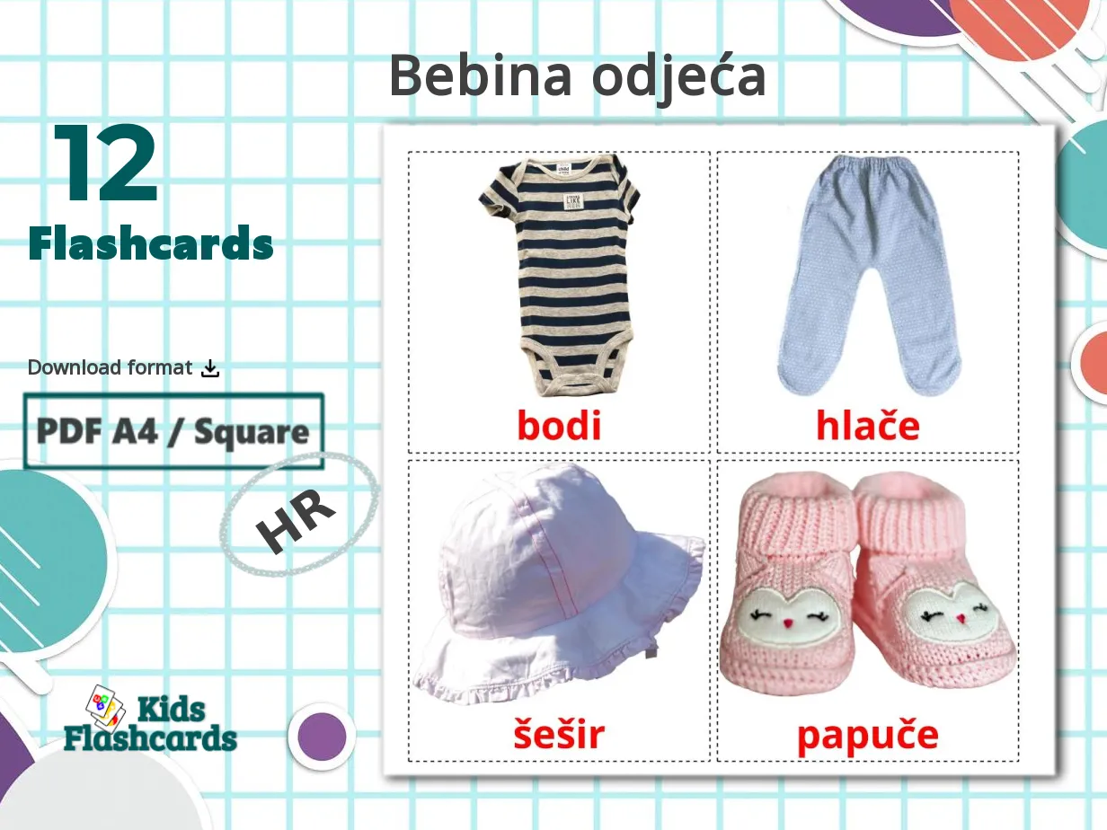 12 Printable Baby clothes Flashcards in Croatian (Free PDF)