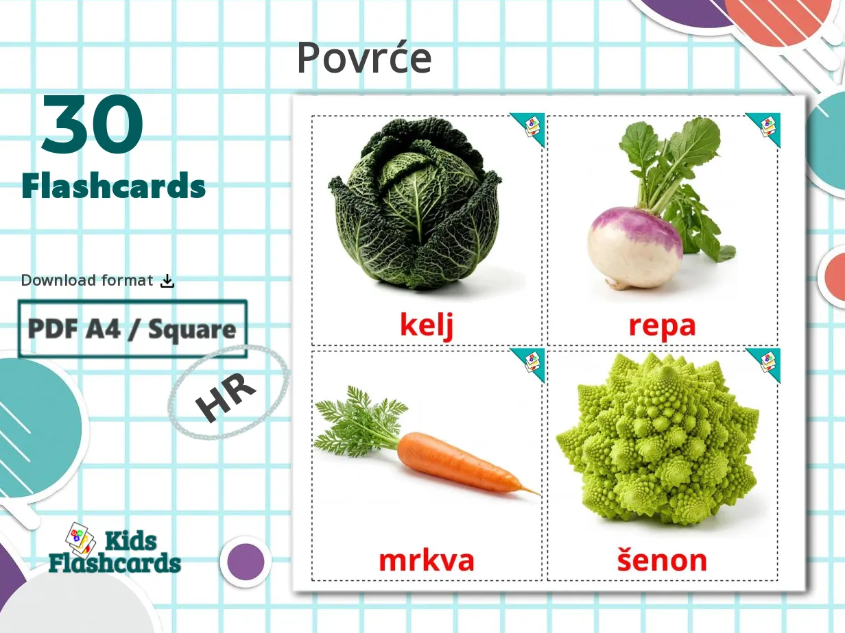 30 Printable Vegetables Flashcards in Croatian (Free PDF)