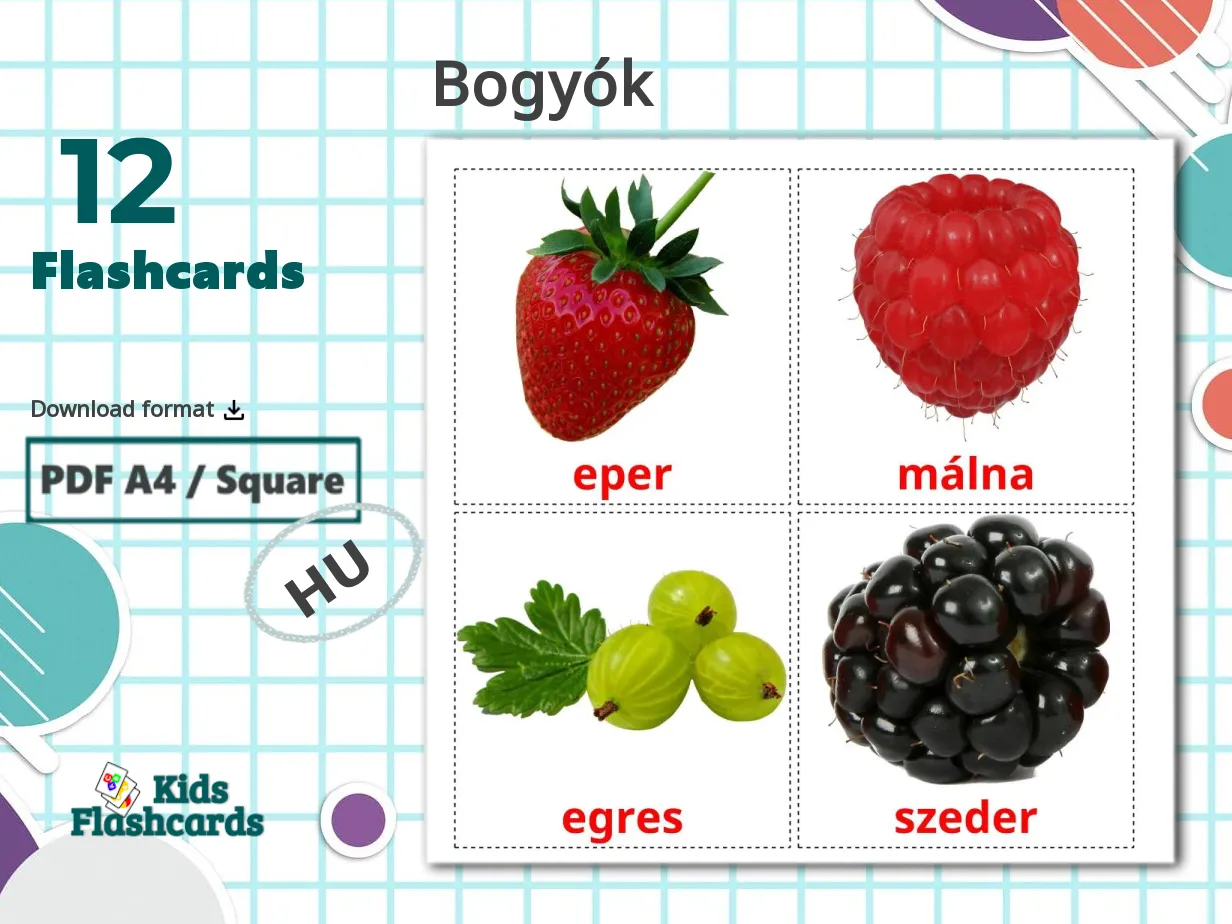 12 Printable Berries Flashcards in Hungarian (Free PDF)