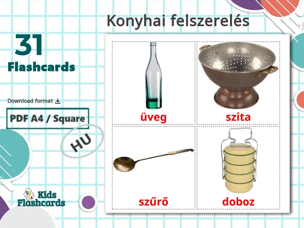 31 Printable Kitchenware Flashcards in Hungarian (Free PDF)