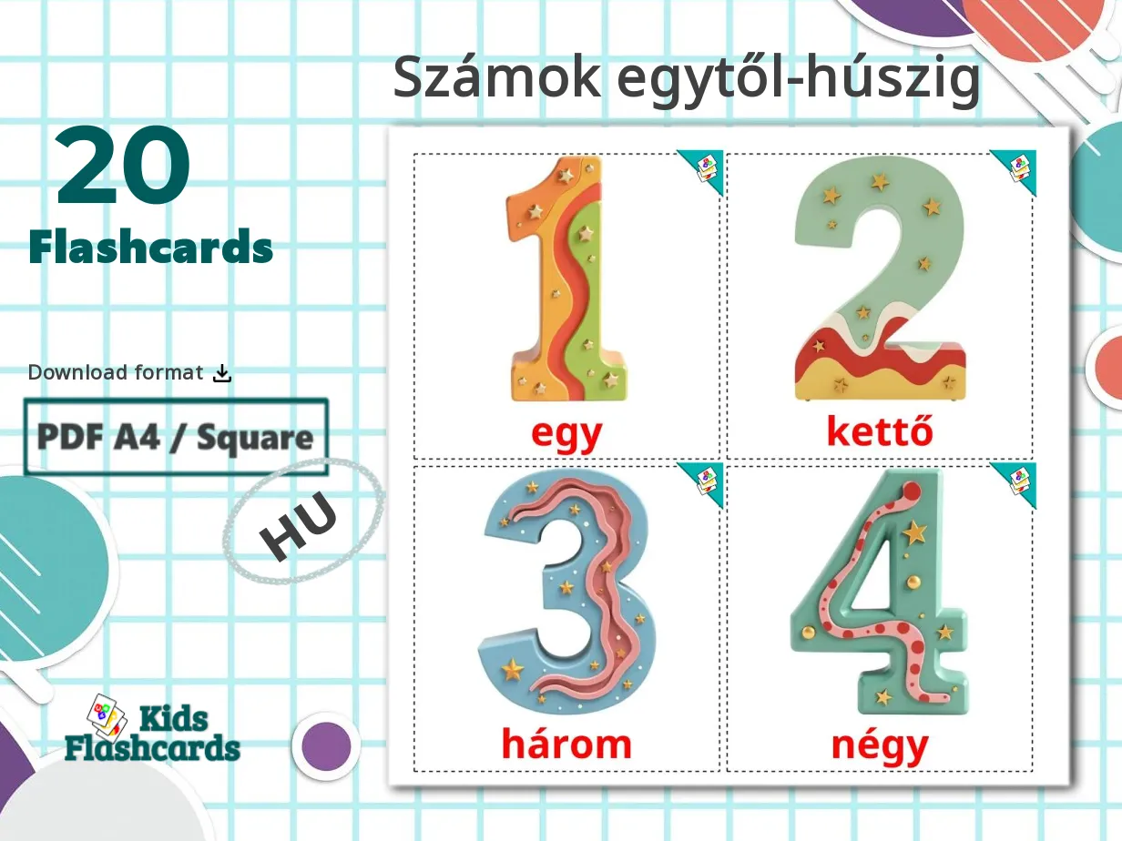 20 Printable Numbers (1-20) Flashcards in Hungarian (Free PDF)