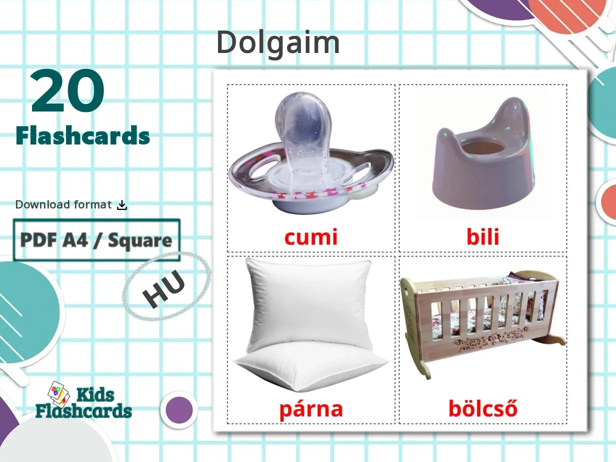 20 Printable Baby things Flashcards in Hungarian (Free PDF)