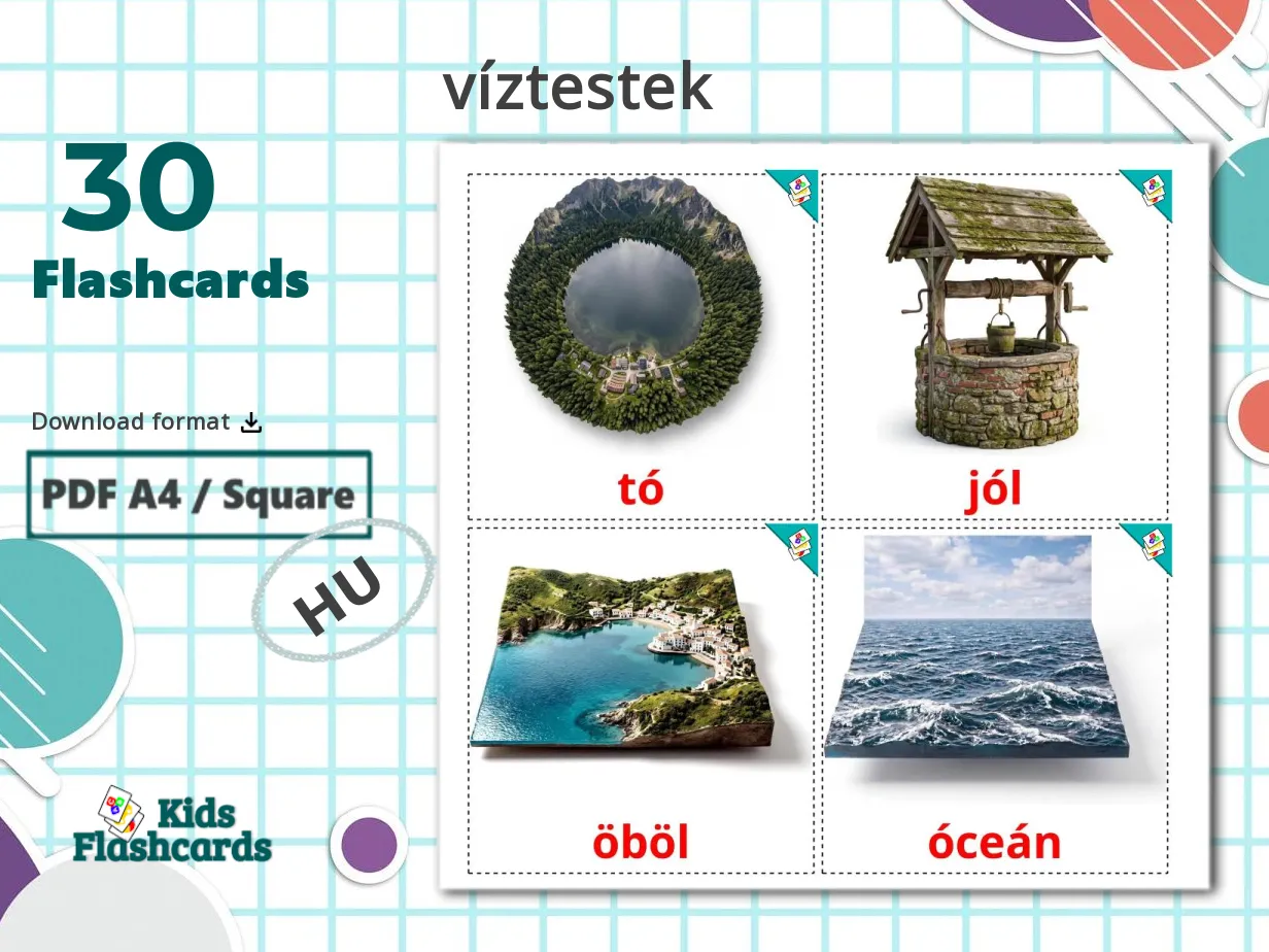 30 Printable Bodies of Water Flashcards in Hungarian (Free PDF)