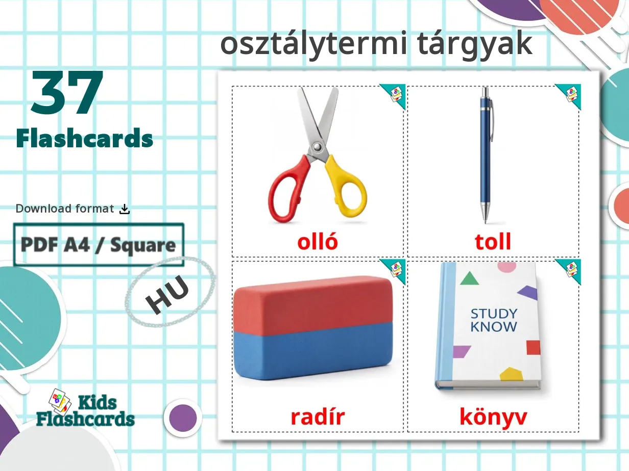 37 Printable Classroom objects Flashcards in Hungarian (Free PDF)