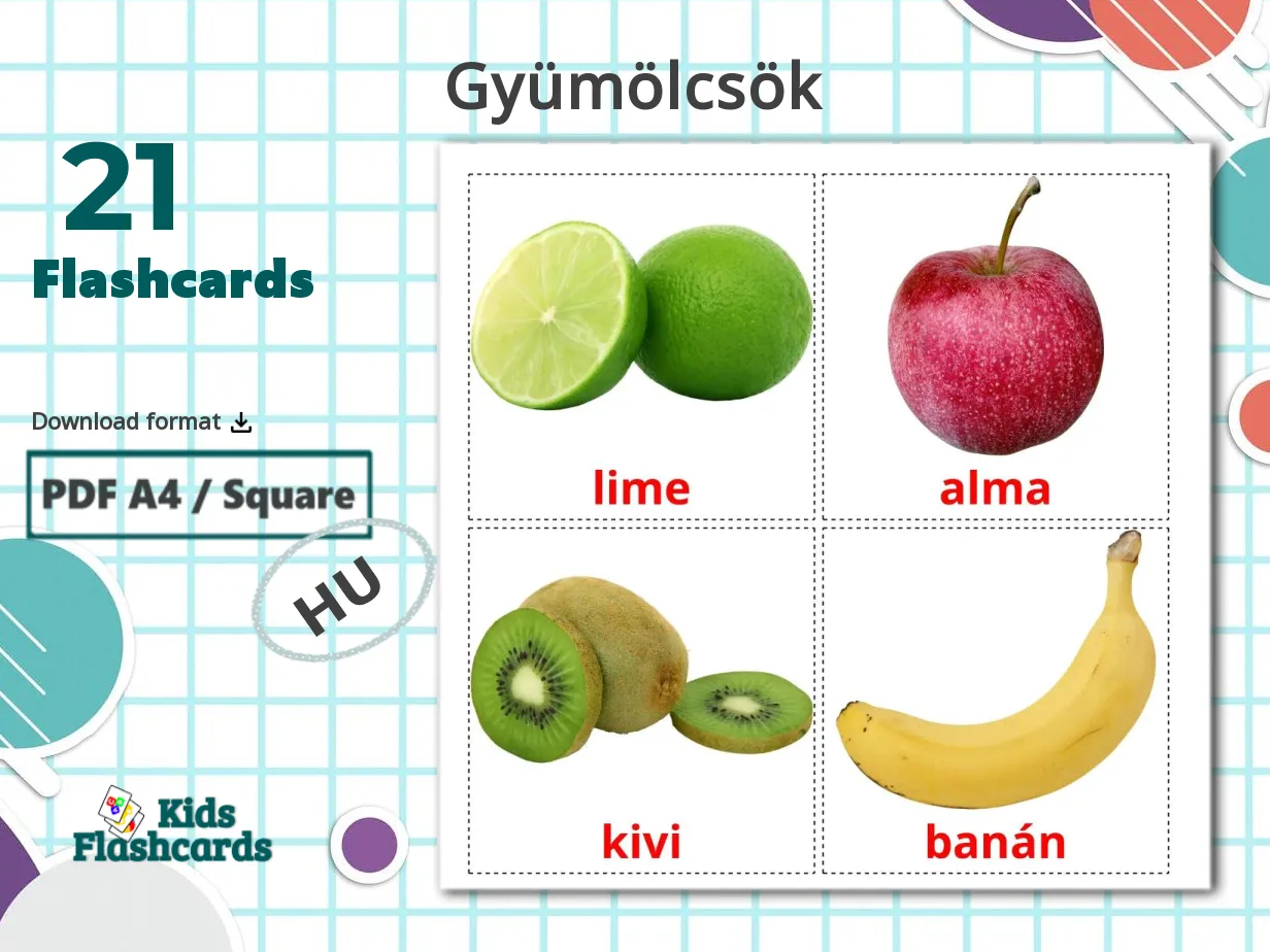 21 Printable Fruits Flashcards in Hungarian (Free PDF)