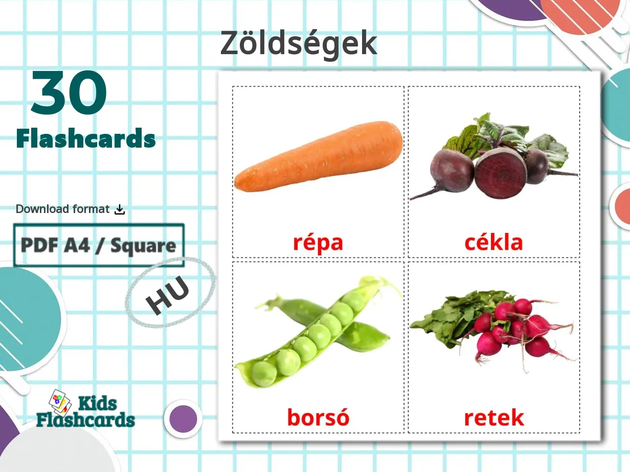 30 Printable Vegetables Flashcards in Hungarian (Free PDF)
