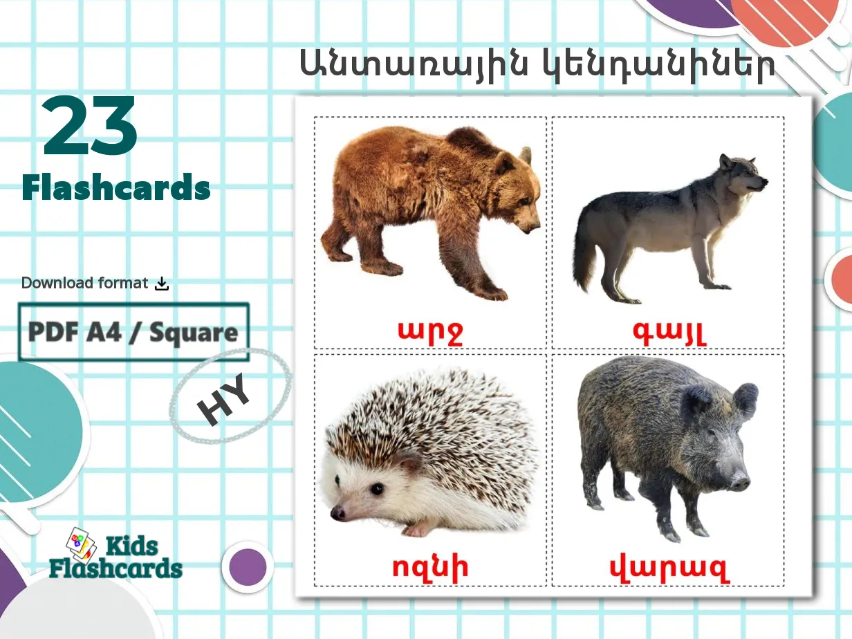 23 Printable Forest animals Flashcards in Armenian (Free PDF)