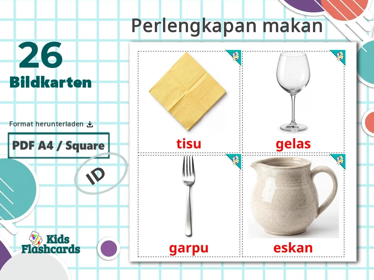 26 Geschirr und Besteck Bildkarten in PDF | Indonesisch Bilder