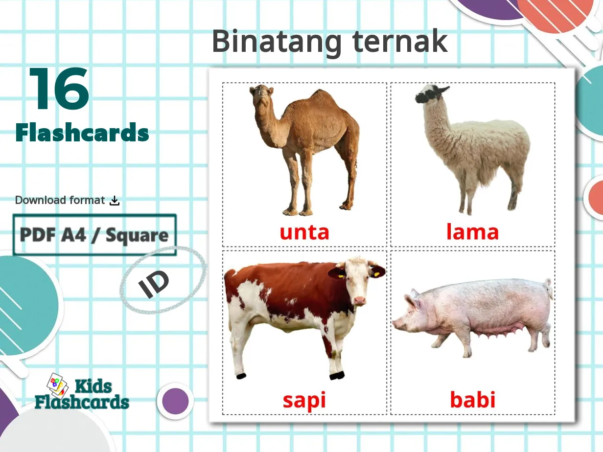 16 Printable Farm animals Flashcards in Indonesian (Free PDF)