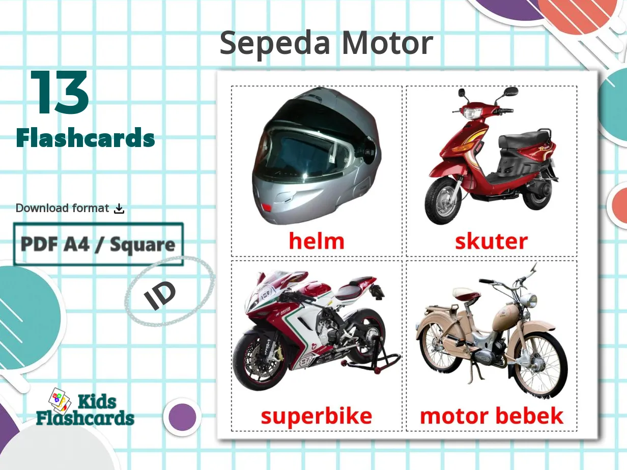 13 Printable Motorcycles Flashcards in Indonesian (Free PDF)