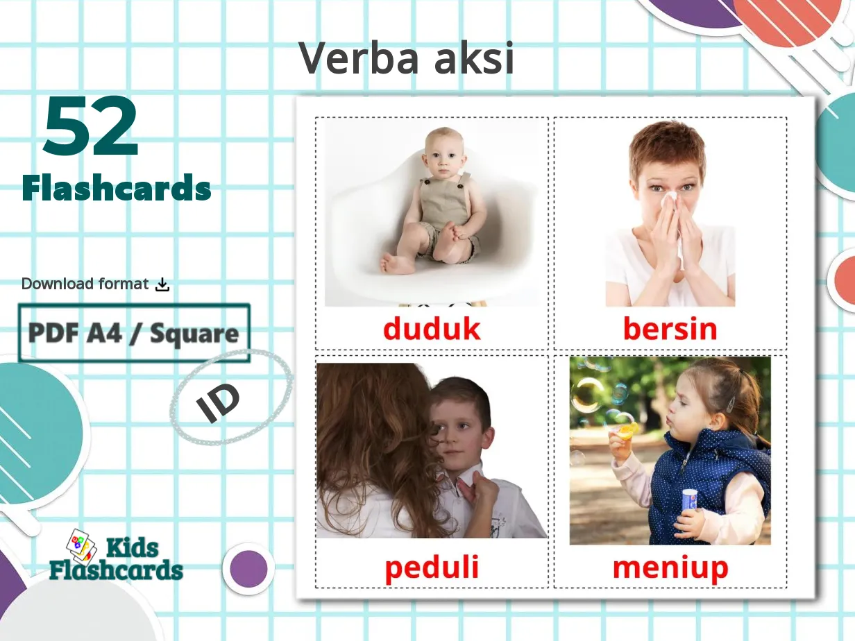 52 Printable Action verbs Flashcards in Indonesian (Free PDF)