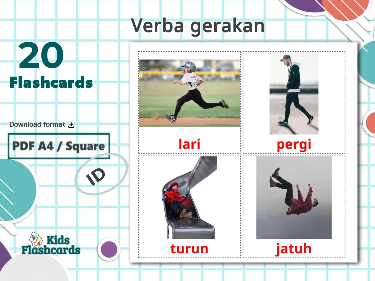 20 Printable Movement verbs Flashcards in Indonesian (Free PDF)