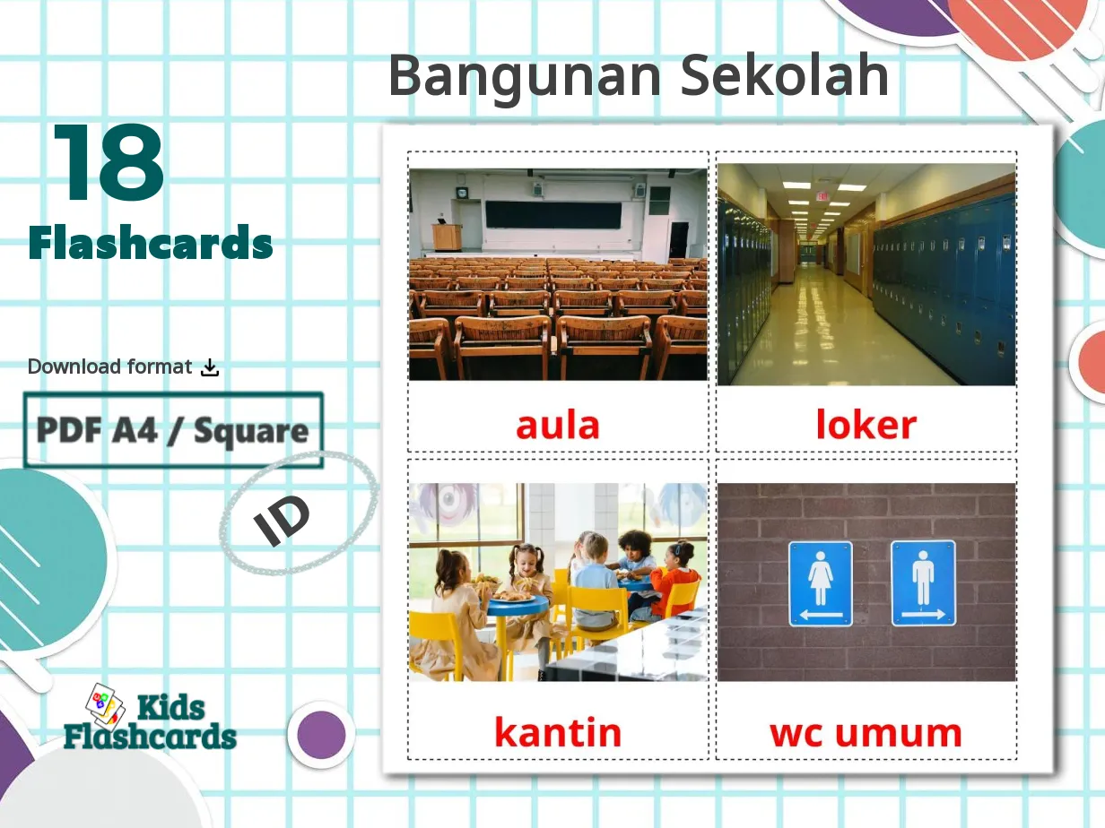 18 Printable School building Flashcards in Indonesian (Free PDF)