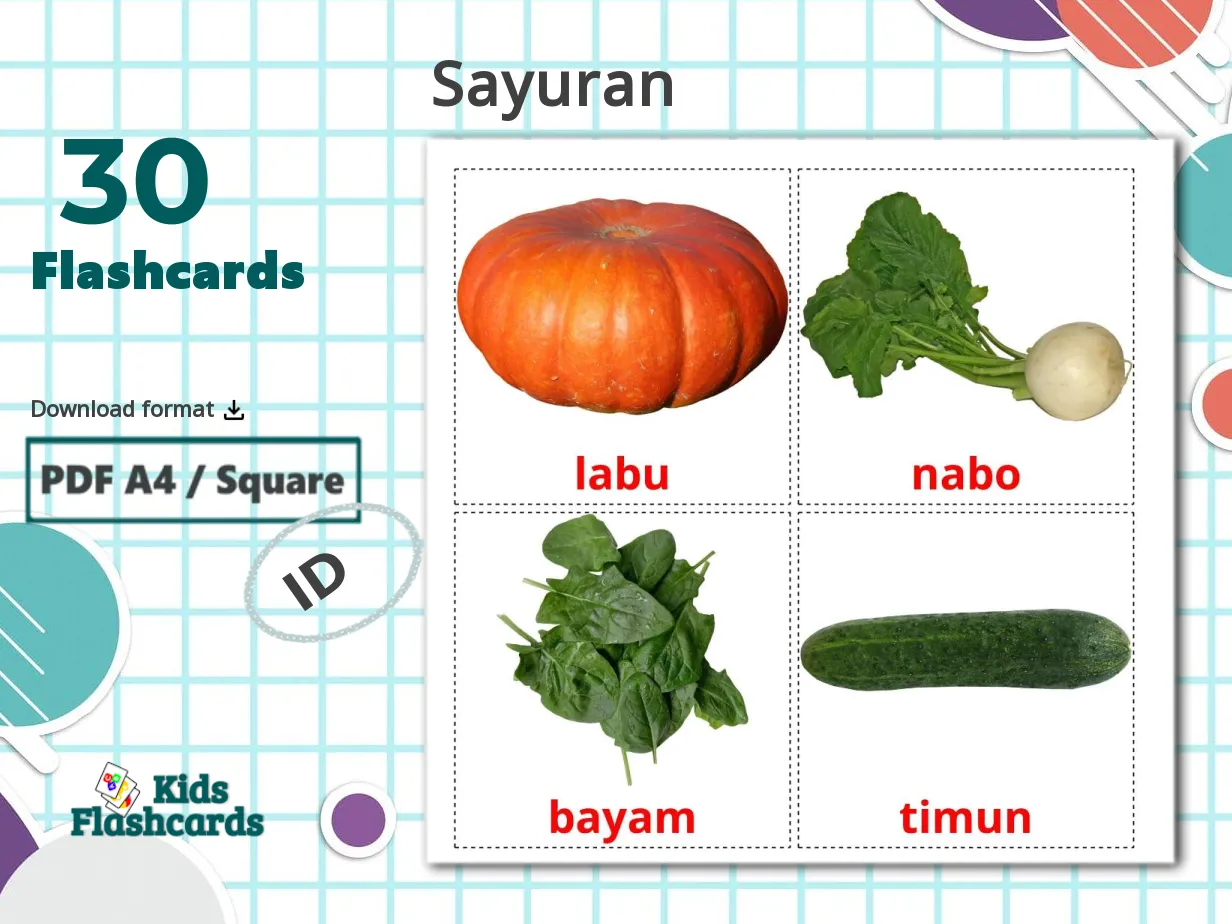 30 Printable Vegetables Flashcards in Indonesian (Free PDF)