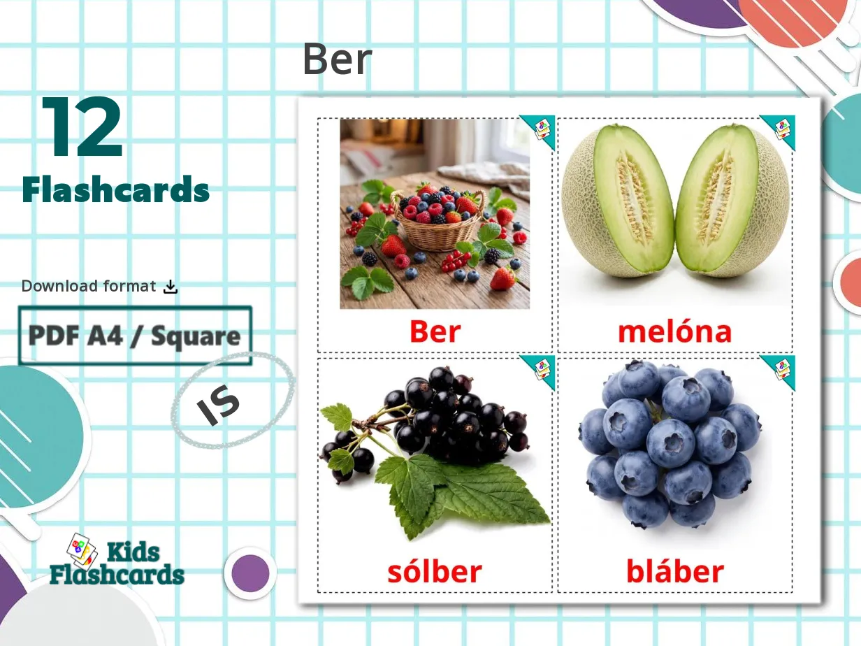 12 Printable Berries Flashcards in Icelandic (Free PDF)
