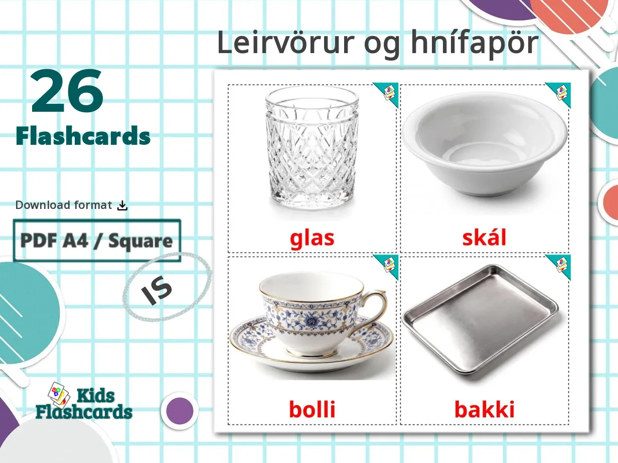 26 Printable Crockery and cutlery Flashcards in Icelandic (Free PDF)