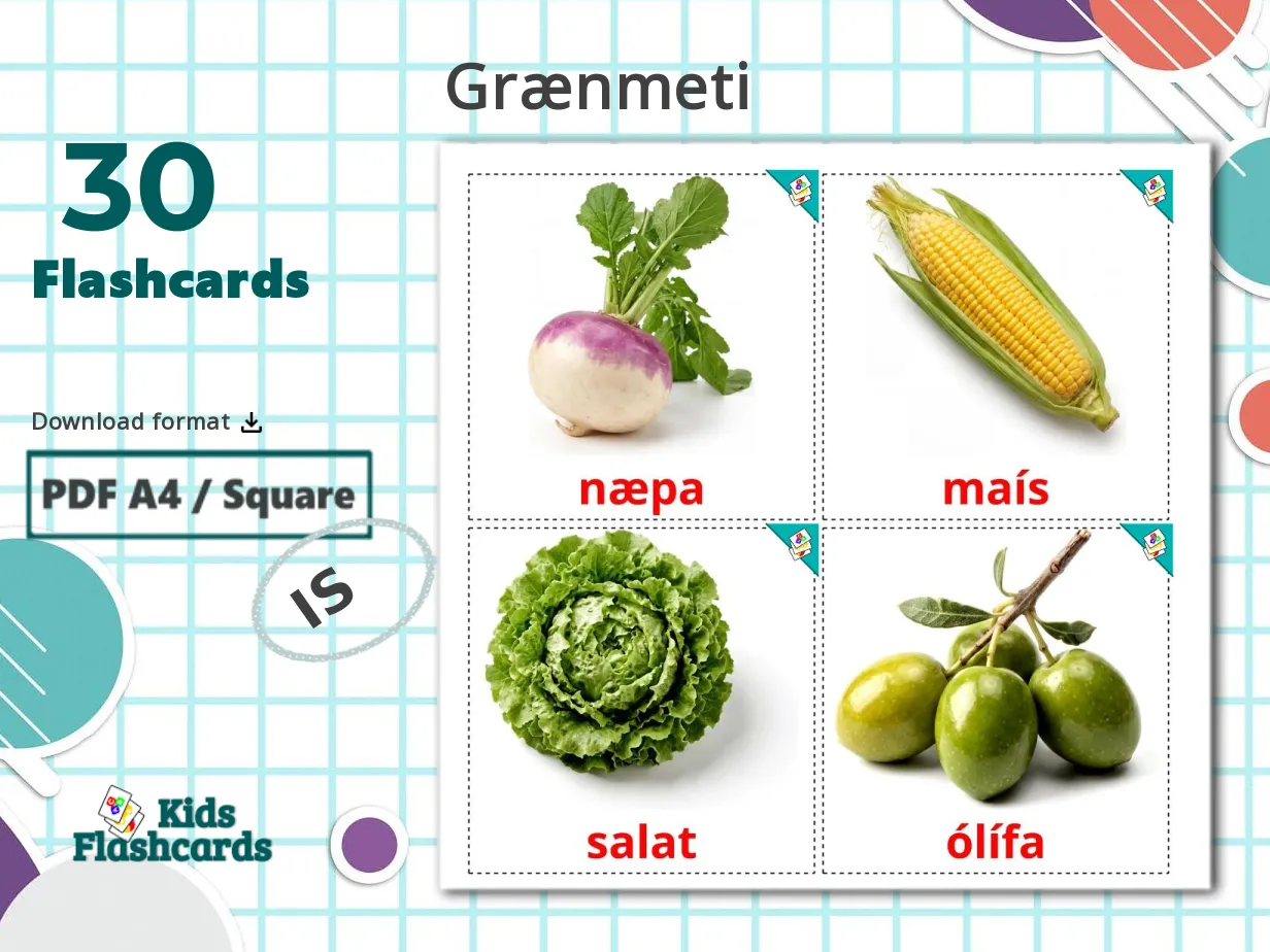 30 Printable Vegetables Flashcards in Icelandic (Free PDF)
