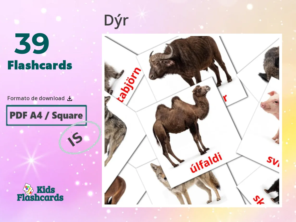 39 Flashcards de Animais GRÁTIS em Icelandês | 4 PDFs imprimíveis