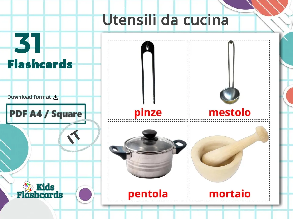 31 Printable Kitchenware Flashcards in Italian (Free PDF)