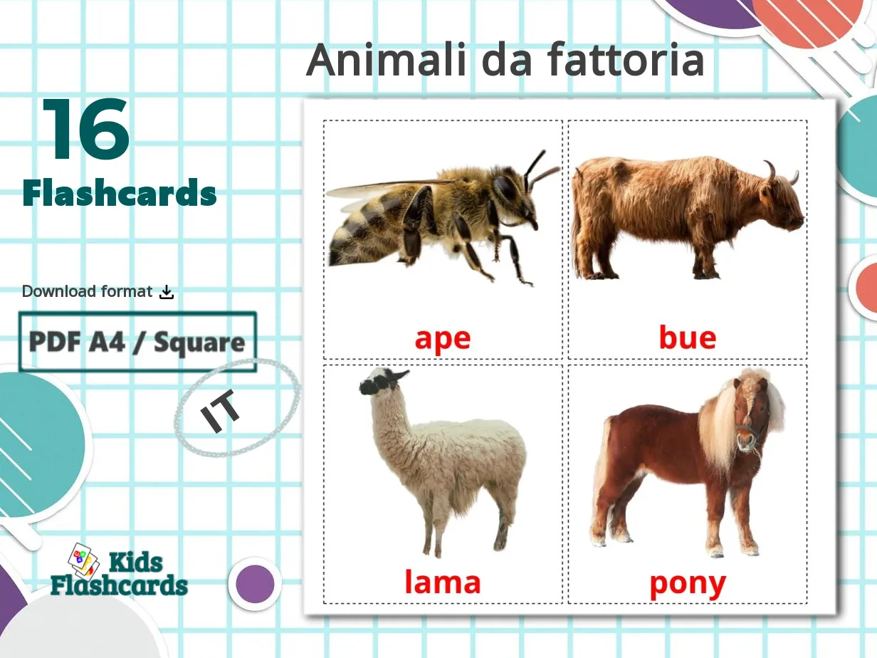 16 Printable Farm animals Flashcards in Italian (Free PDF)