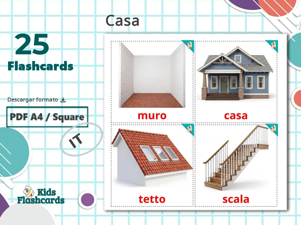 25 Tarjetas de Aprendizaje de La casa GRATIS en PDF | Imágenes en Italiano