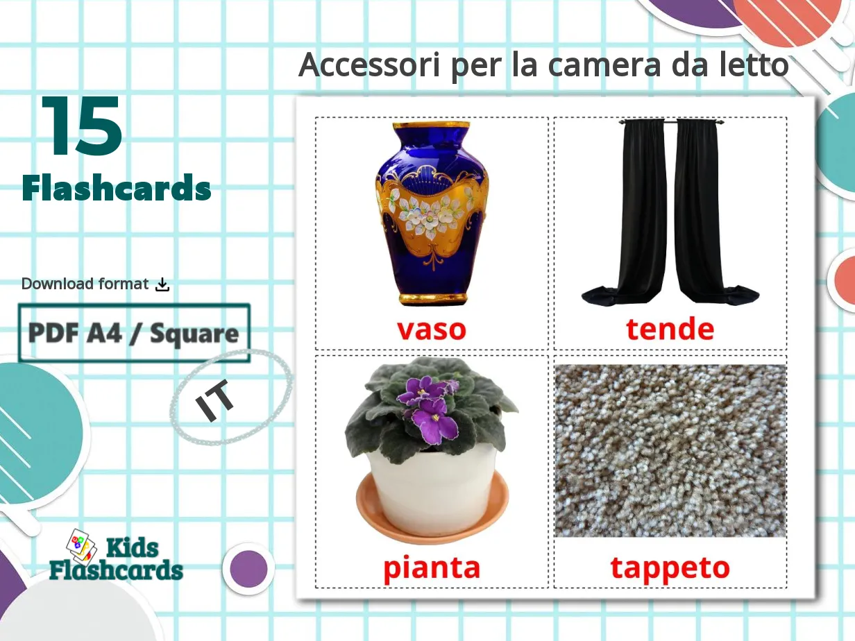 15 Printable Bedroom accessories Flashcards in Italian (Free PDF)