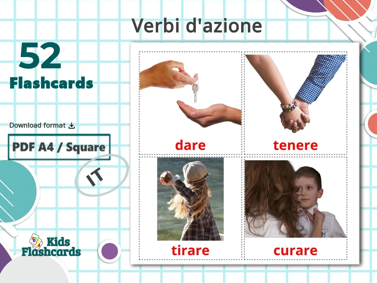 52 Printable Action verbs Flashcards in Italian (Free PDF)