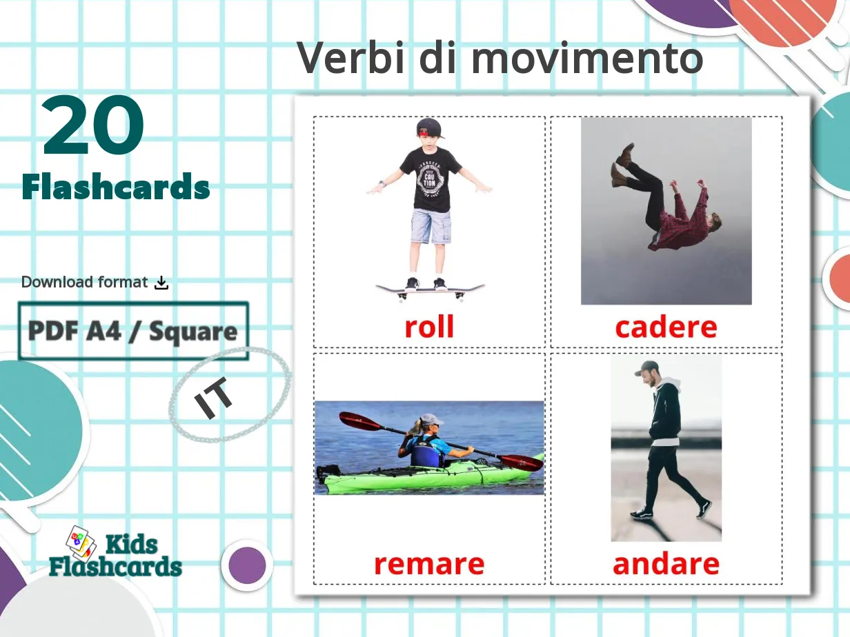 20 Printable Movement verbs Flashcards in Italian (Free PDF)
