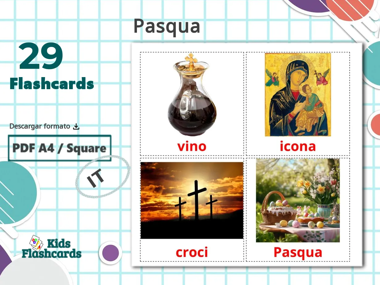 29 Tarjetas de Aprendizaje de Pascua GRATIS en PDF | Imágenes en Italiano
