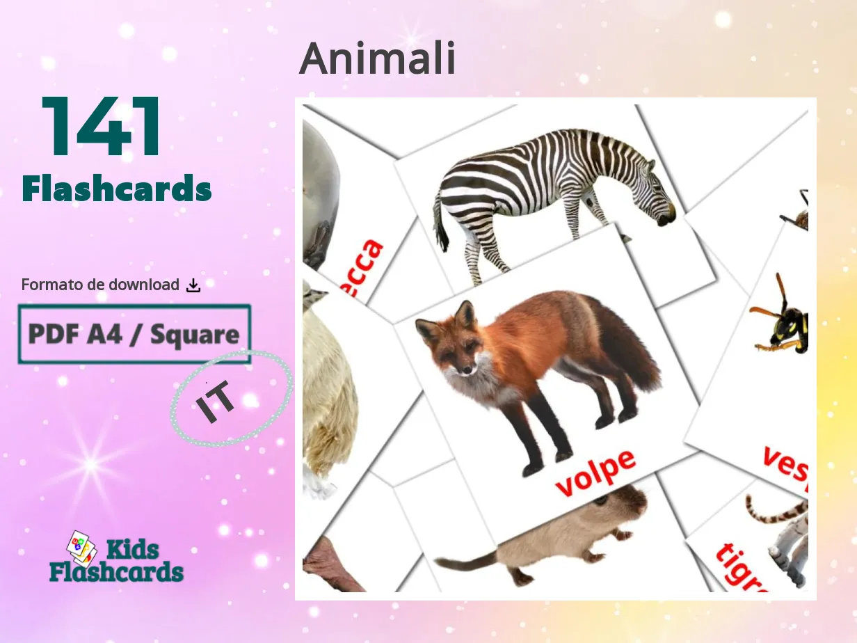141 Flashcards de Animais GRÁTIS em Italiano | 4 PDFs imprimíveis