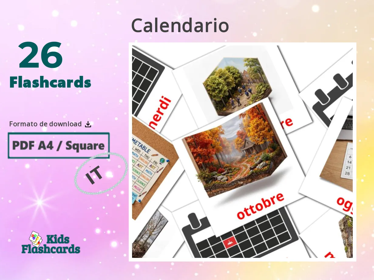 26 Flashcards de Calendário GRÁTIS em Italiano | 4 PDFs imprimíveis
