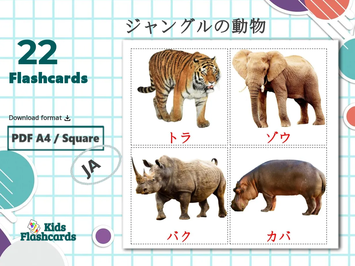 22 Printable Jungle animals Flashcards in Japanese (Free PDF)