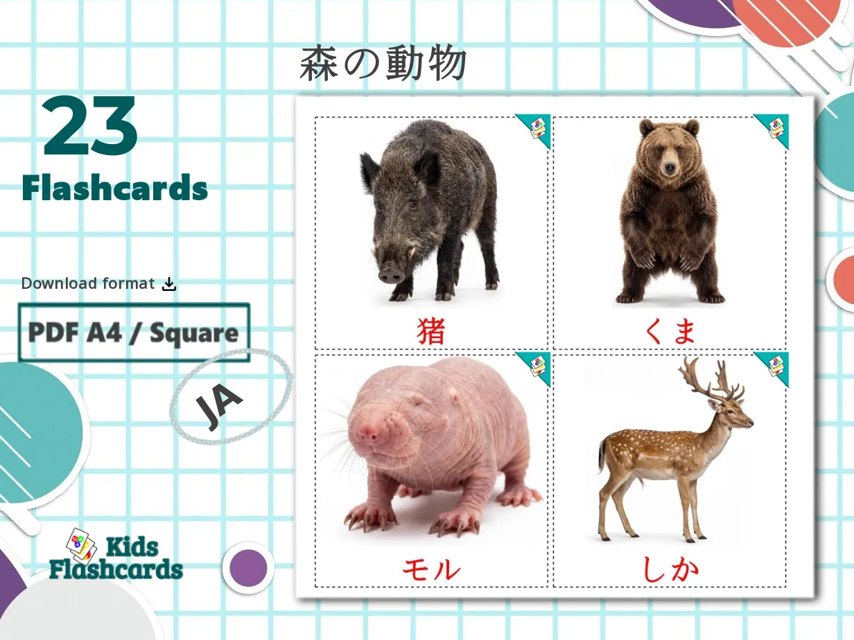 23 Printable Forest animals Flashcards in Japanese (Free PDF)