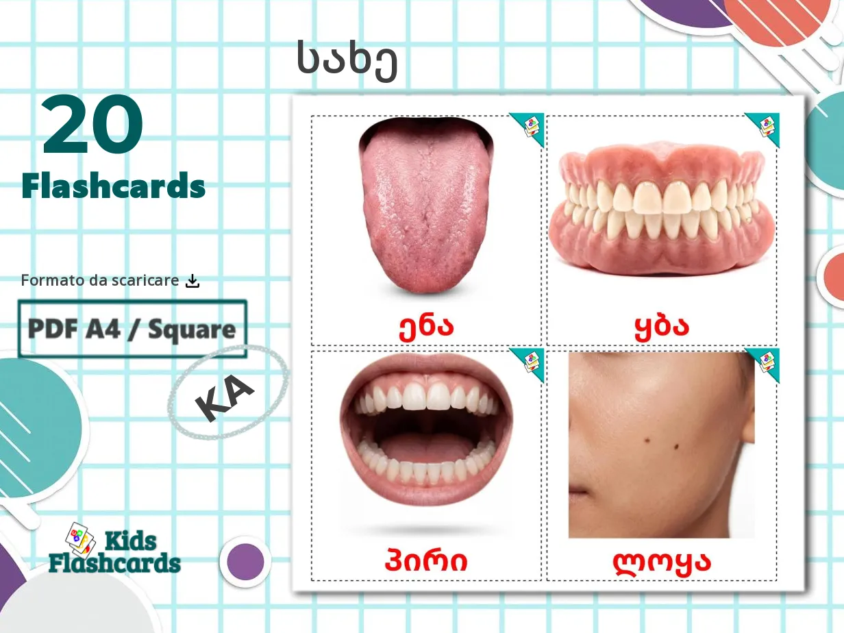 20 Flashcard GRATUITE sui Viso in 4 Formati PDF | Immagini in Georgiano