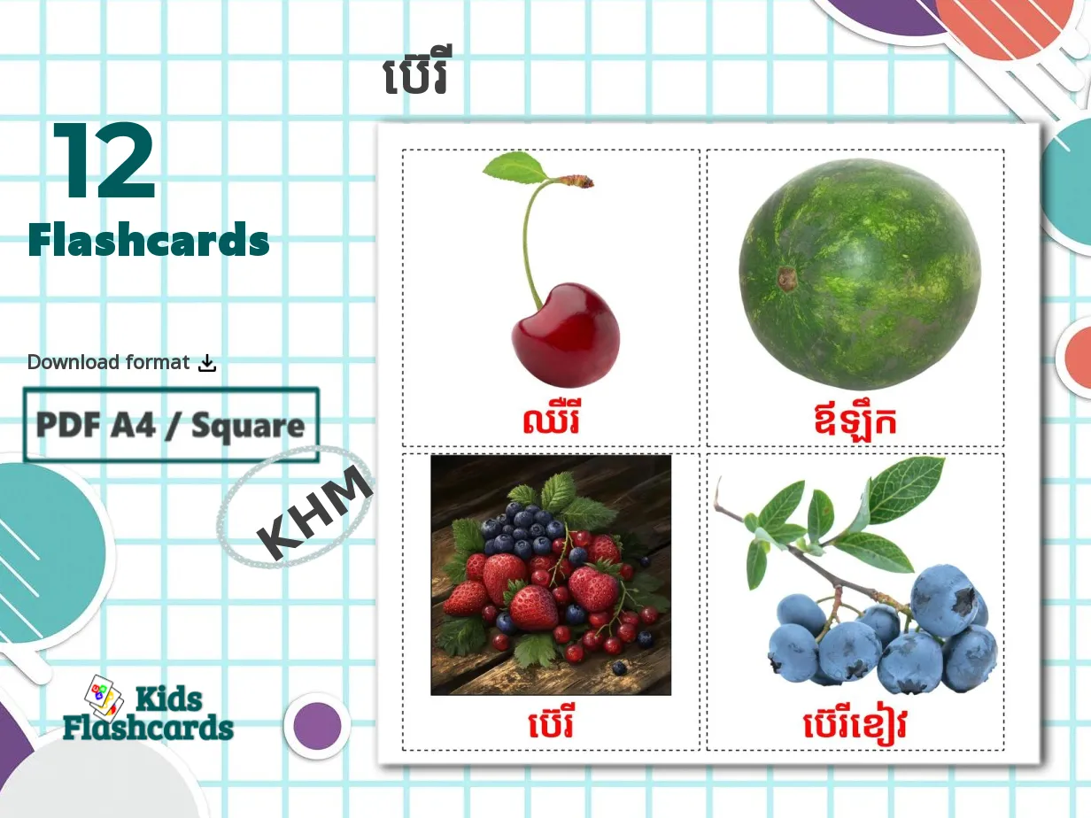 12 Printable Berries Flashcards in Khmer (Free PDF)