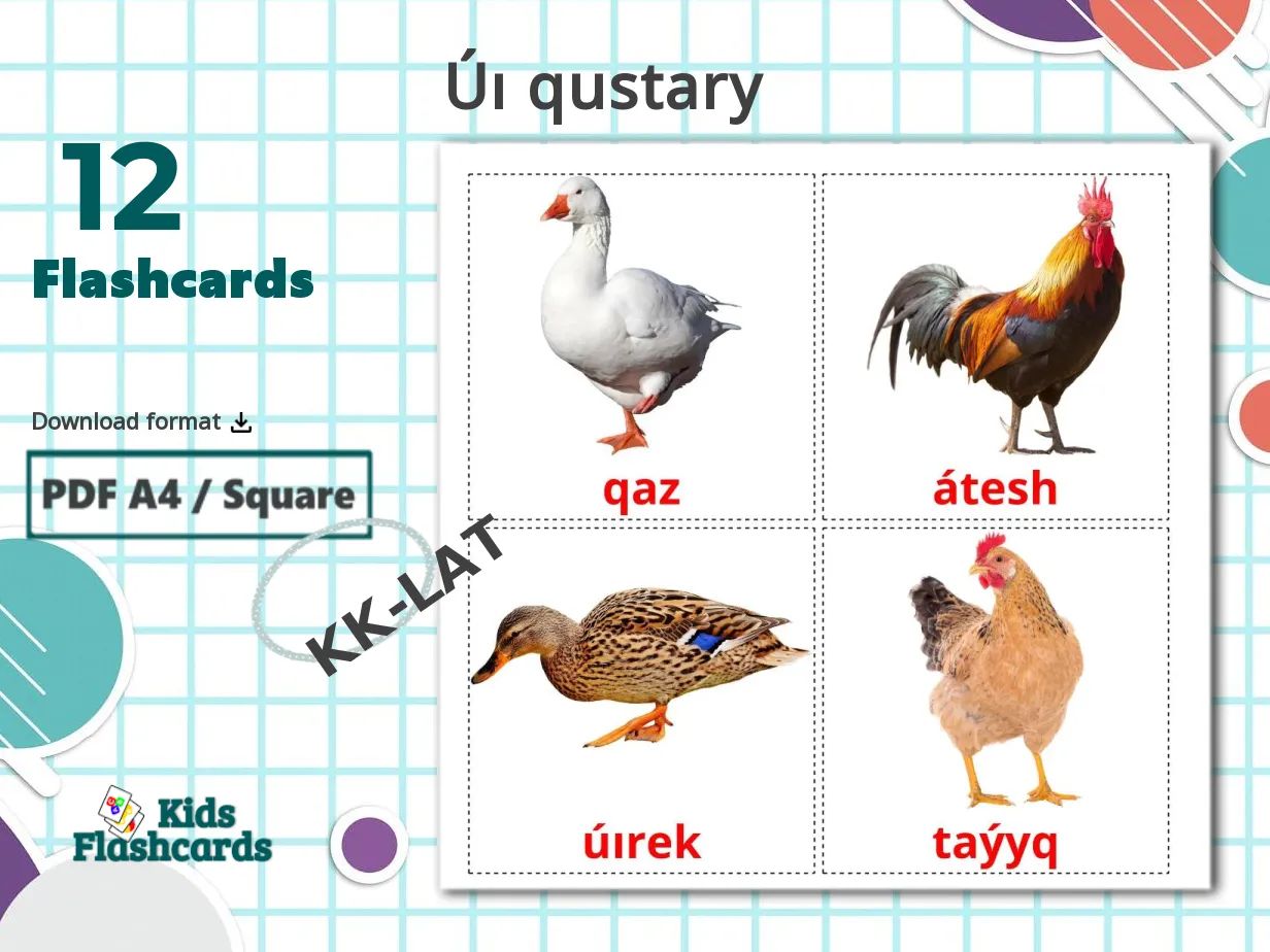 12 Printable Farm birds Flashcards in Kazakh(latin) (Free PDF)